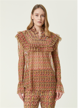 Philosophy di Lorenzo Serafini Kadın Pembe Dik Yaka Çiçekli Fırfırlı Tül Bluz 42 IT