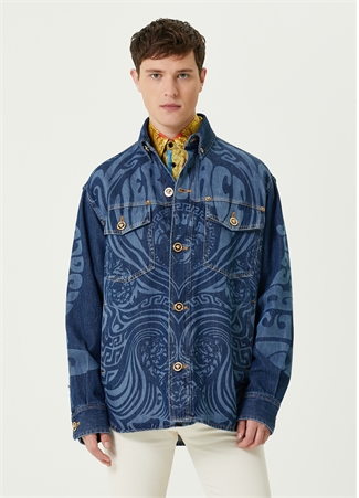 Versace Erkek Mavi Logo Desenli Denim Gömlek 46 It Versace Erkek Mavi Logo Desenli Denim Gömlek 46 It