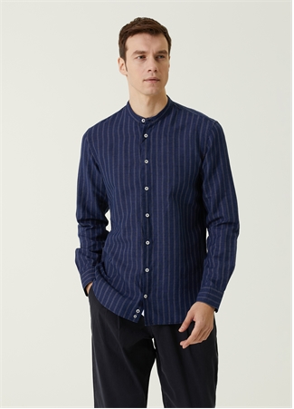 Beymen Collection Erkek Custom Fit Lacivert Monk Yaka Çizgili Keten Gömlek 42 IT Beymen Collection Erkek Custom Fit Lacivert Monk Yaka Çizgili Keten Gömlek 42 IT