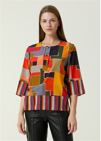 Beymen Club Kadın Geometrik Desenli Yakası Düğmeli İpek Bluz XS