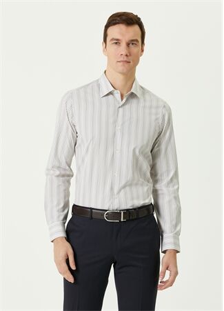 Pal Zileri Erkek Beyaz Kahverengi Çizgi Desenli Gömlek Bej 42 IT
