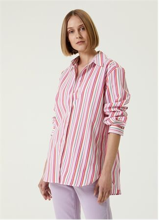 Academia Kadın Kırmızı Pembe Çizgili Geniş Gömlek 36