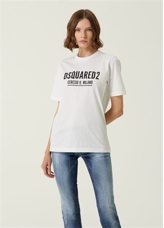 Dsquared2 Kadın Beyaz Bisiklet Yaka Logolu T-shirt S EU Dsquared2 Kadın Beyaz Bisiklet Yaka Logolu T-shirt S EU