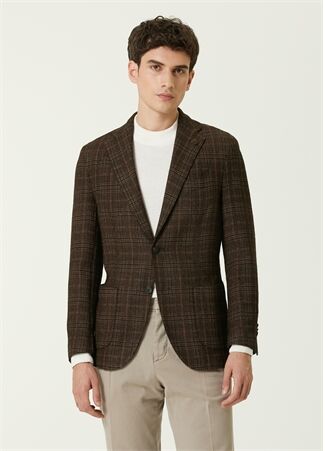Lardini Erkek Kahverengi Kareli Yün Ceket 48 IT