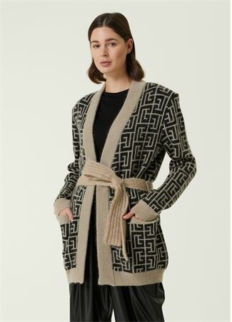 Balmain Kadın Bej Siyah Desenli Beli Kuşaklı Hırka 36 FR
