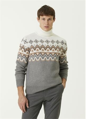 Canali Erkek Gri Balıkçı Yaka Geometrik Desen Jakarlı Yün Kazak 56 IT