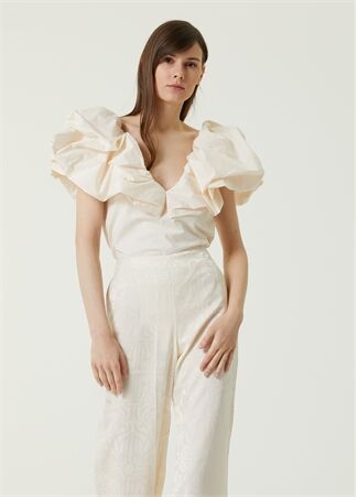 Johanna Ortiz Kadın Beyaz V Yaka Volan Detaylı Bluz 4 US