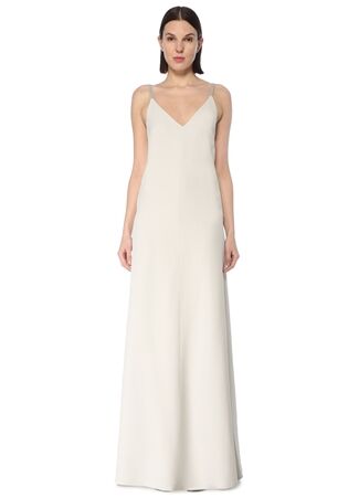 Brunello Cucinelli Kadın Gri V Yaka Zincir Askılı Maksi Abiye Elbise XS EU