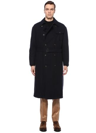 Palzileri Lab Erkek Lacivert Kelebek Yaka Beli Kuşaklı Yün Pardösü 50 IT