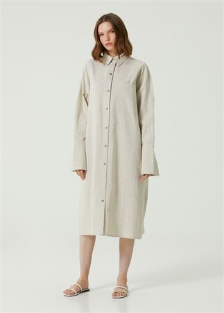Sugen Kadın Bej Polo Yaka Çizgili Keten Gömlek Elbise Eu