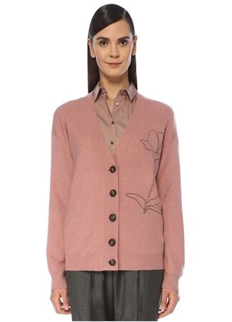Brunello Cucinelli Kadın Pembe Çiçek İşleme Detaylı Kaşmir Hırka M EU