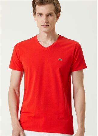 Lacoste Erkek Kırmızı V Yaka Logolu T-shirt XS EU