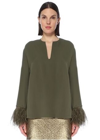 Valentino Kadın Haki Kolları Püsküllü İpek Bluz Yeşil 40 IT