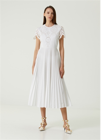 Valentino Kadın Beyaz Nakışlı Pilili Midi Poplin Elbise 42 IT Valentino Kadın Beyaz Nakışlı Pilili Midi Poplin Elbise 42 IT