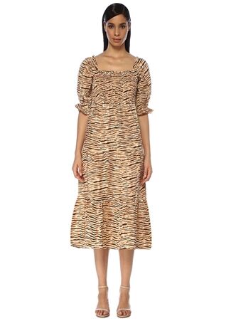 Faithfull The Brand Kadın Wyldie Kaplan Desenli Midi Keten Elbise Kahverengi XS EU