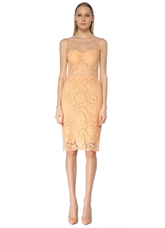 Dolce&Gabbana Kadın Somon Kalp Yaka Midi Dantel Kokteyl Elbise Pembe 42 IT