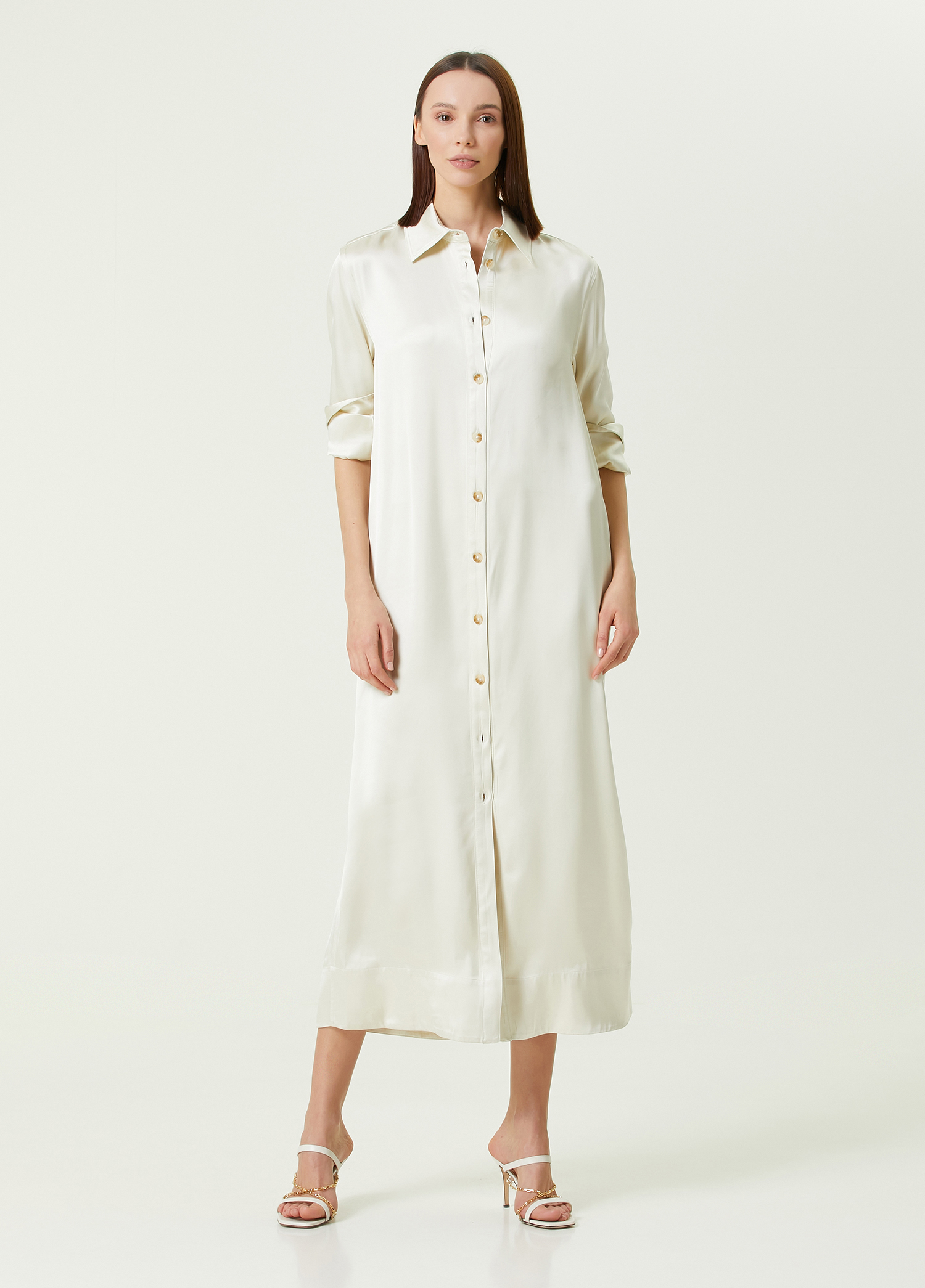 Loulou Studio - Ara Ekru Midi Gömlek Elbise - Beyaz