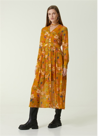 Beymen Club Kadın Sarı V Yaka Çiçekli Önü Düğmeli Midi Şifon Elbise 36