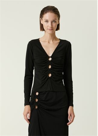 Musier Kadın Siyah V Yaka Büzgülü Triko 36 IT
