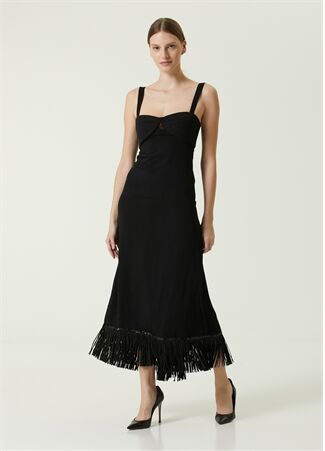 Johanna Ortiz Kadın Siyah Püskül Detaylı Midi Kokteyl Elbise 6 US