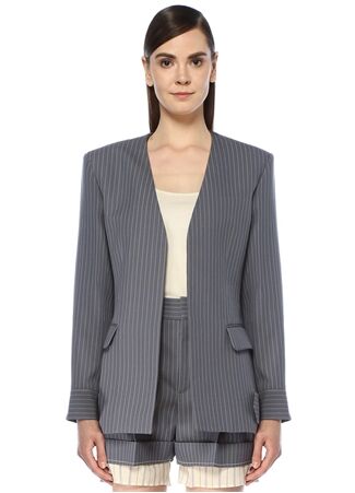 Chloe Kadın Mavi Çizgili Yakasız Yün Ceket 40 IT