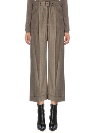 Brunello Cucinelli Kadın Bej Ekoseli Bol Paça Yün Pantolon 38 IT