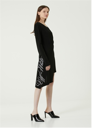 Off-White Kadın Siyah V Yaka Asimetrik Midi Elbise 42 IT