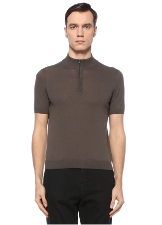 Pal Zileri Erkek Kahverengi Dik Yaka Fermuarlı Kısa Kol Triko 48 IT