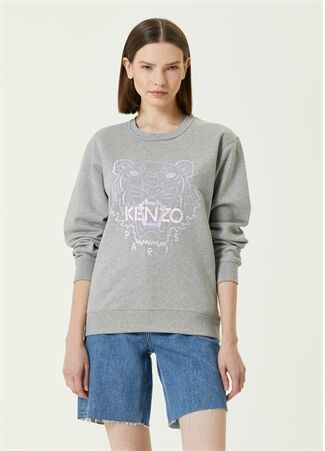 Kenzo Kadın Tiger Gri Bisiklet Yaka Logolu Sweatshirt XS EU