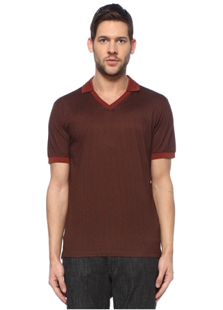 Pal Zileri Erkek Bordo Yaka Detaylı Desenli Kısa Kollu Triko Kahverengi XXXL EU