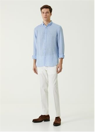 Corneliani Erkek Mavi Düğmeli Yaka Keten Gömlek 39 IT Corneliani Erkek Mavi Düğmeli Yaka Keten Gömlek 39 IT