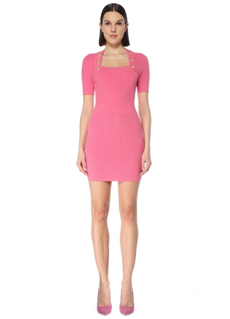 Balmain Kadın Pembe Kare Yaka Kısa Kol Mini Triko Elbise 42 FR