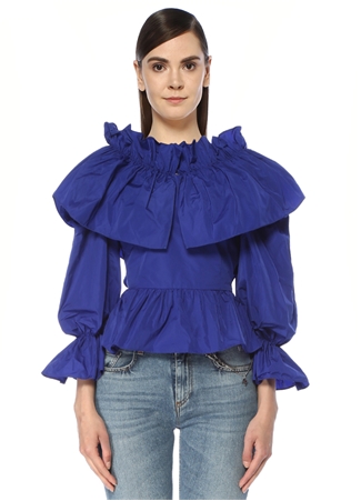 Msgm Kadın Mavi Fırfır Detaylı Balon Kol Bluz 42 IT