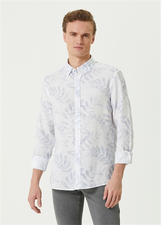Beymen Club Erkek Comfort Fit Beyaz Mavi Yaprak Desenli Keten Gömlek S Beymen Club Erkek Comfort Fit Beyaz Mavi Yaprak Desenli Keten Gömlek S