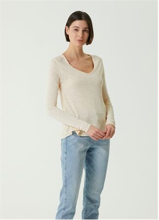 American Vintage Kadın Bej V Yaka T-shirt S EU