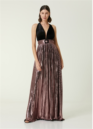 Nur Karaata Kadın Metalik Pembe Siyah Pilili Maksi Abiye Elbise S EU Nur Karaata Kadın Metalik Pembe Siyah Pilili Maksi Abiye Elbise S EU