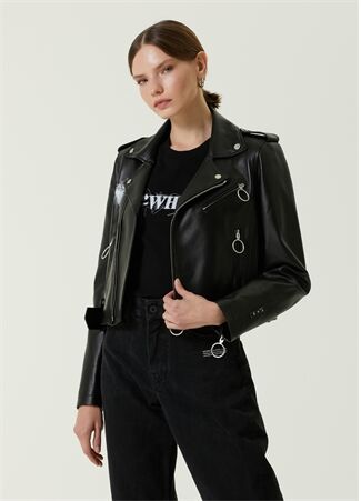 Off-White Kadın Siyah Baskılı Kruvaze Deri Ceket 38 IT