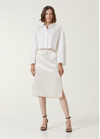 Academia Kadın Taş Yırtmaçlı Midi Saten Etek Gri 42