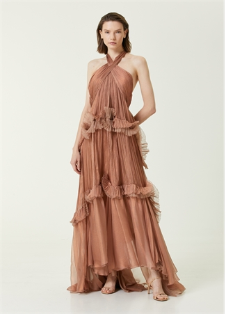 Maria Lucia Hohan Kadın Zaide Altın Rengi Drapeli Maxi İpek Abiye Elbise Pembe 34 FR
