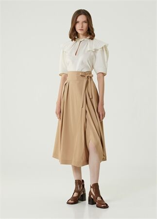 Chloe Kadın Bej Etek Detaylı Crop Yün Pantolon 36 IT