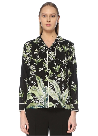 Red Valentino Kadın Siyah Kamp Yaka Çiçekli İpek Gömlek 44 IT