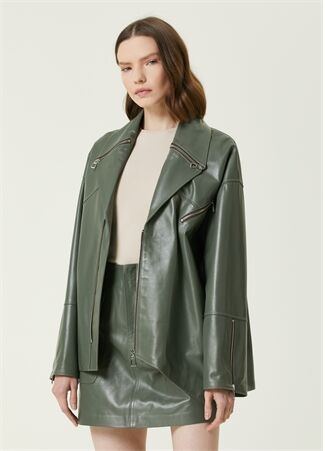 Due Two Kadın Yeşil Kelebek Yaka Deri Ceket L EU
