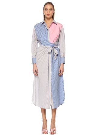 Msgm Kadın Mavi Çizgili Kuşak Detaylı Midi Elbise 38 IT