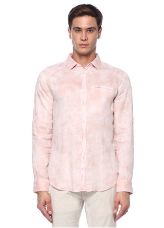 John Varvatos Erkek Slim Fit Pembe İngiliz Yaka Keten Gömlek M EU