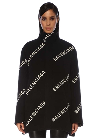 Balenciaga Kadın Siyah Dik Yaka Logo Jakarlı Yün Palto 38 FR