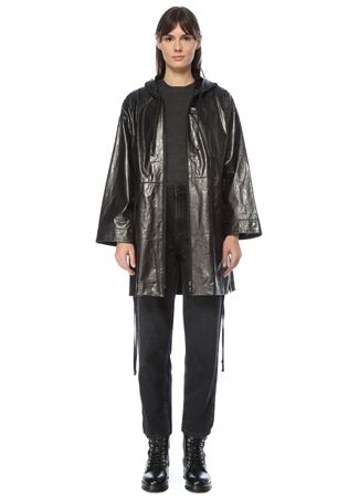 Beymen Club Kadın Siyah Kapüşonlu Kuşgözü Detaylı A Kesim Deri Mont S