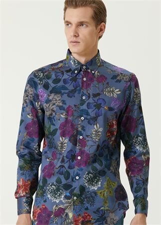 Etro Erkek Mavi Düğmeli Yaka Çiçek Desenli Gömlek 38 IT