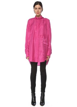 Balenciaga Kadın Pembe Siyah Puantiye Jakarlı Gömlek 34 FR