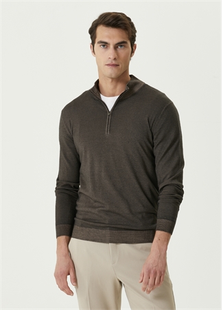 Pal Zileri Erkek Kahverengi Yakası Fermuarlı Yün Kazak 54 It