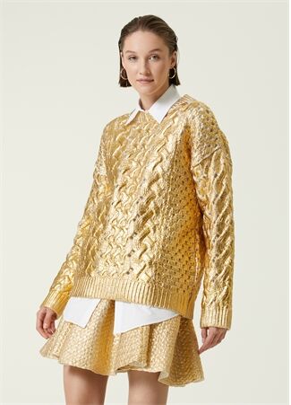 Valentino Kadın Gold Örgü Dokulu Yün Kazak Altın Rengi L EU